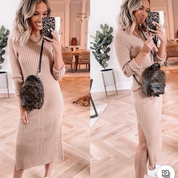 Wayf | Dresses | Wayf Ribbed Knit Sweater Dress Midi Tan Cutout Tie ...